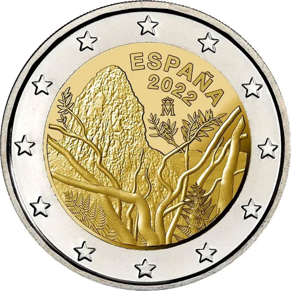moneda 2 euros España 2022 dedicada al Parque de Garajonay en color